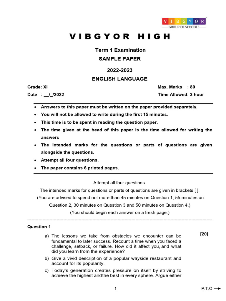 Sample Paper GR 11 English Language AY 22-23 | PDF