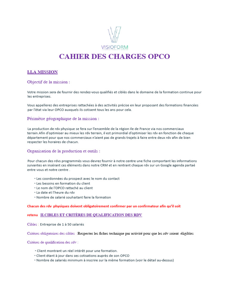 Visioform Cahier Des Charges Opco | PDF