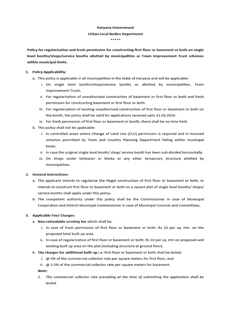 Policy For Regularization - Fresh Permission For Construction of Additional Floor and Basement ...