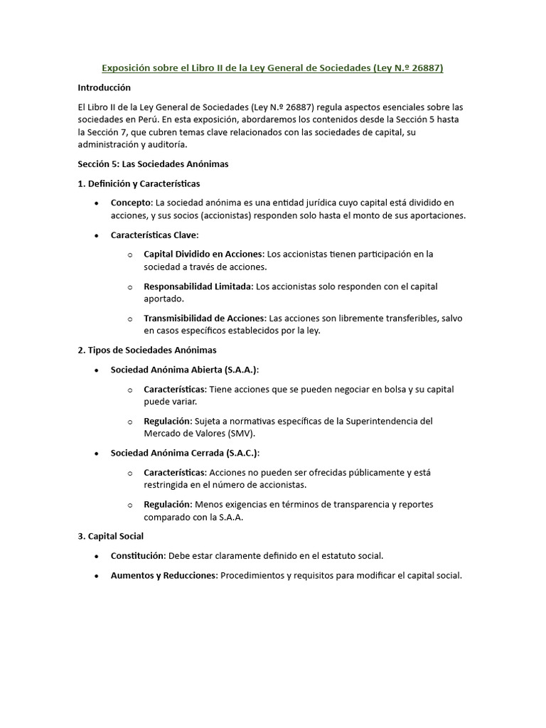 Exposición Sobre El Libro II de La Ley General de Sociedades | PDF