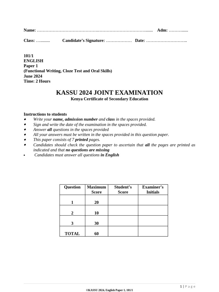 English P1 Kassu 2024 | PDF