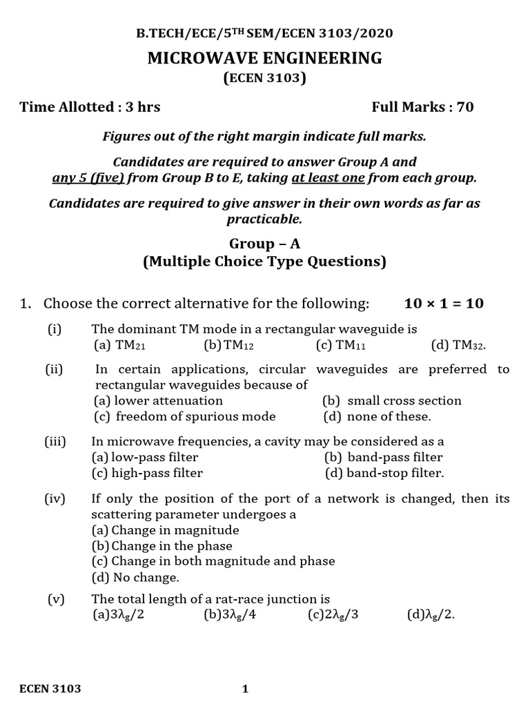 Microwave Engineering: Time Allotted: 3 Hrs Full Marks: 70 | PDF