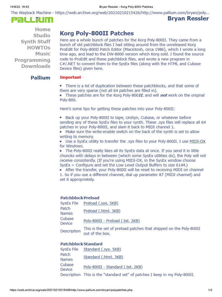 Bryan Ressler - Korg Poly-800II Patches | PDF