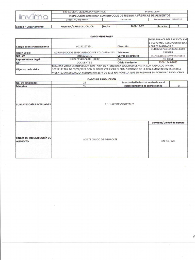 Acta de Inspección Sanitaria - Invima | PDF