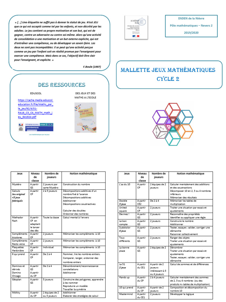 Livret Mallette Jeux Maths 2019 2020 | PDF