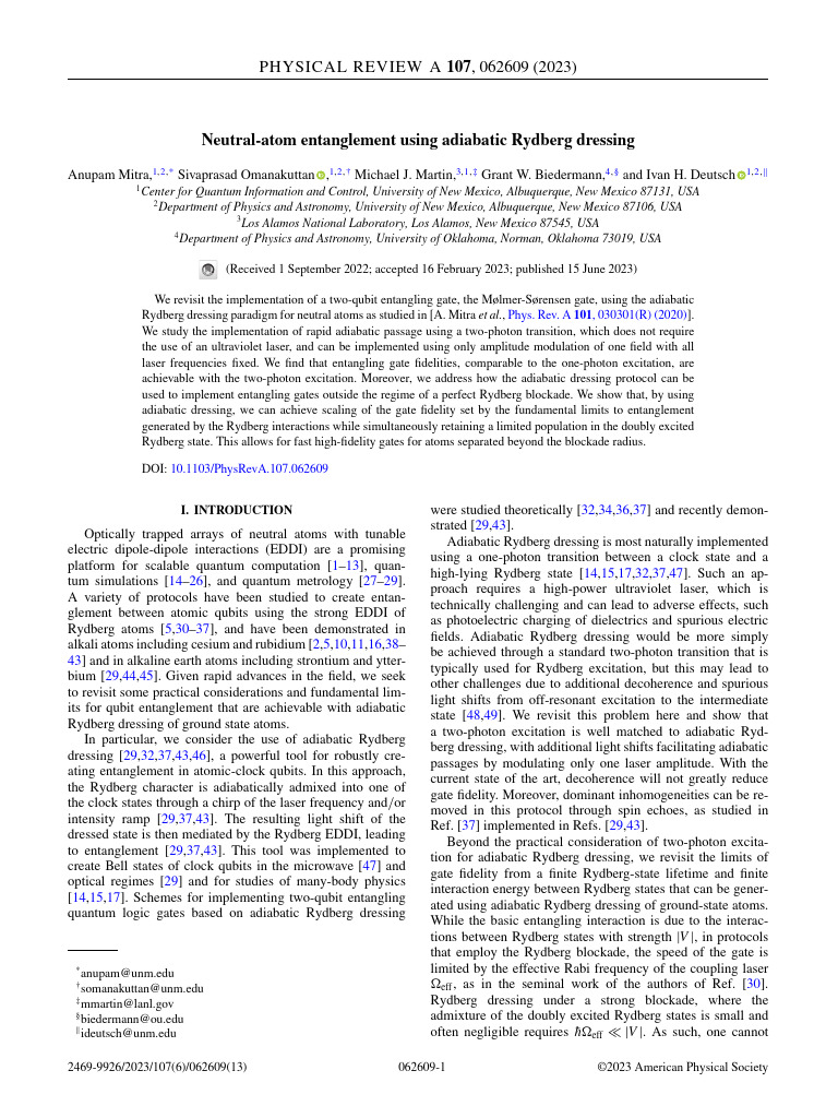 Neutral-Atom Entanglement Using Adiabatic Rydberg Dressing | PDF