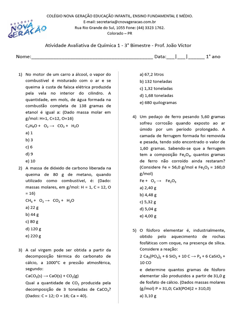Atividade Avaliativa De Química 1 3 Bimestre 1 Ano Pdf