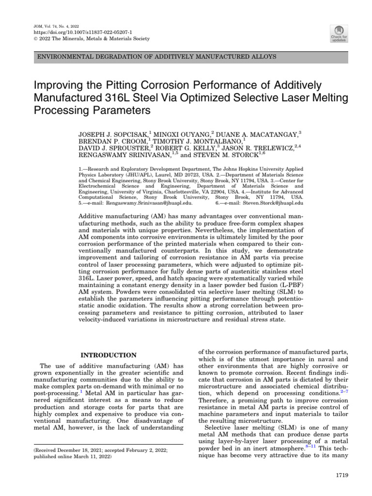 Improving The Pitting Corrosion Performance of Additively Manufactured 316L Steel Via Optimized ...
