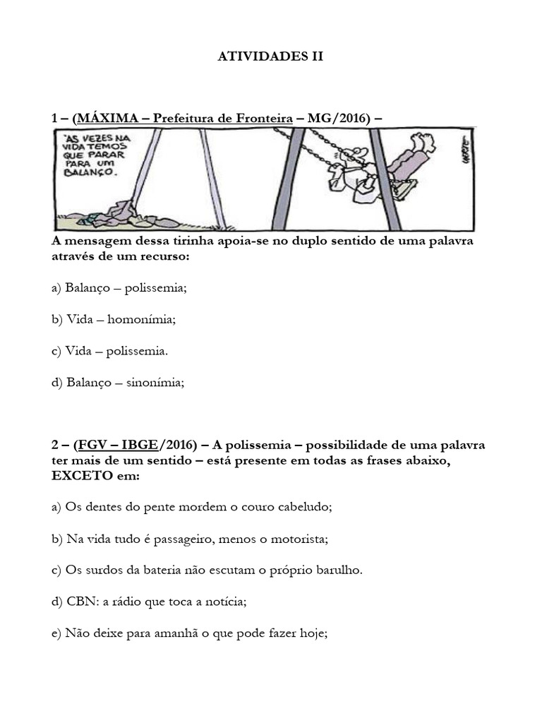Atividades II - Sinômimos - Antônimos.homônimos - Parônimos.polissemia - Ambiguidade | PDF