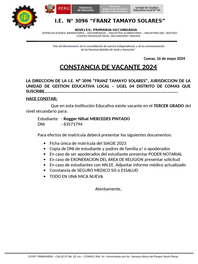 CONSTANCIa VACANTE 1° 2024 | PDF