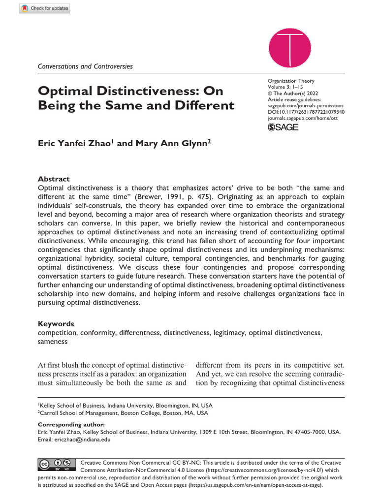 Zhao & Glynn (2022) - Optimal Distinctiveness. On Being The Same and Different | PDF