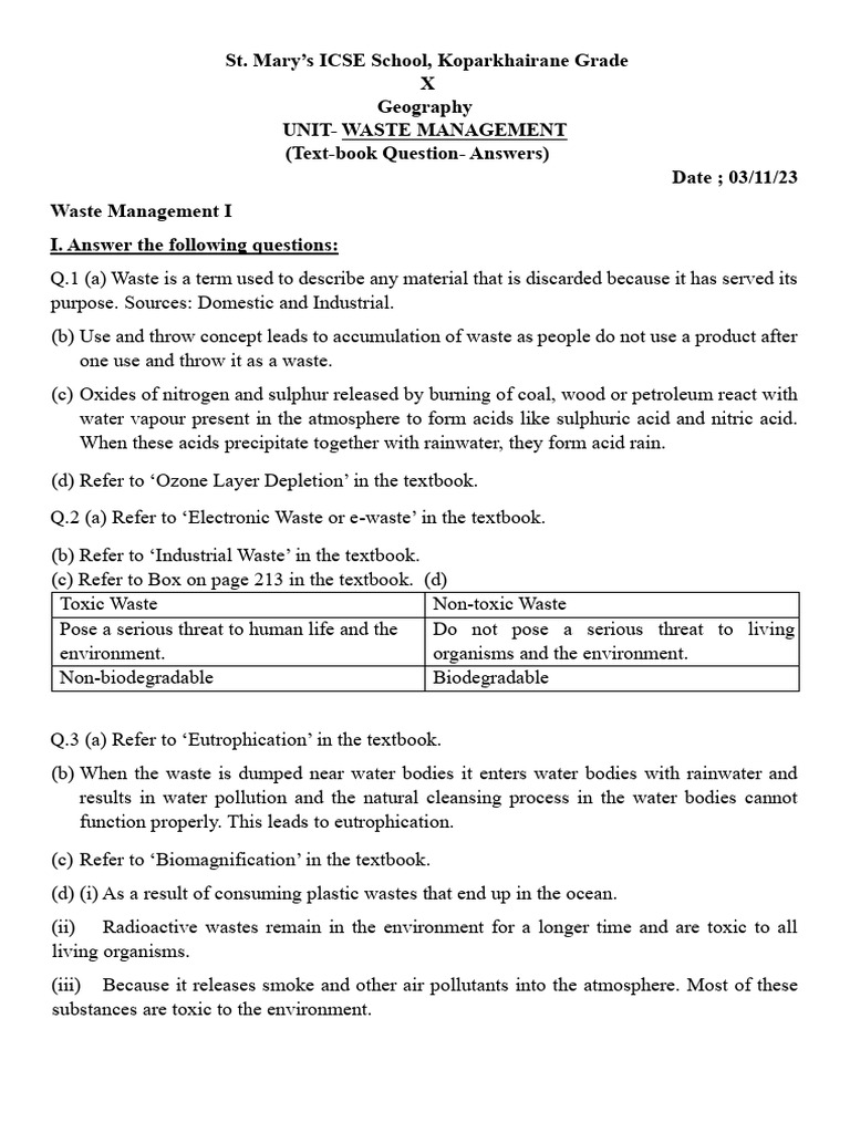 Grade X - Geography - Waste Management - Textbook QA | PDF