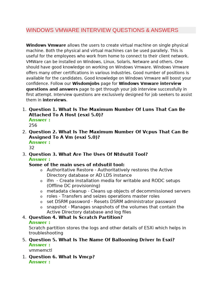 Windows Vmware Interview Questions | PDF