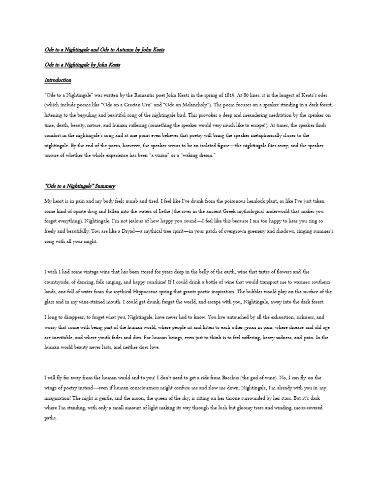 Ode To A Nightingale and To Autumn by John Keats | PDF