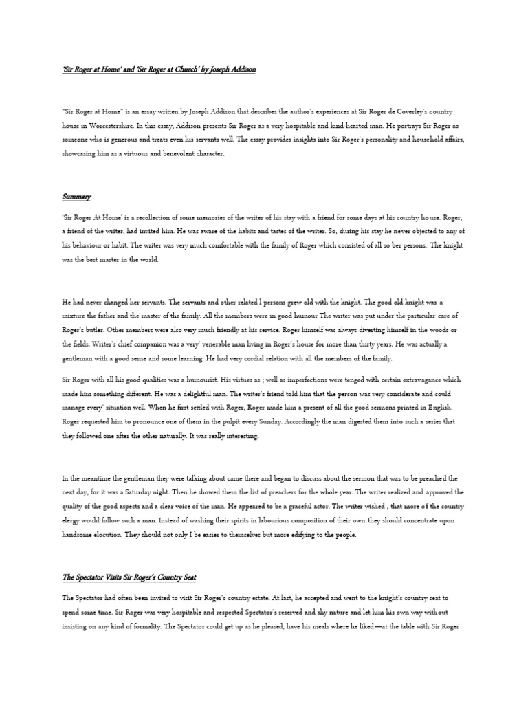 Sir Roger at Home, Church by Joseph Addison | PDF