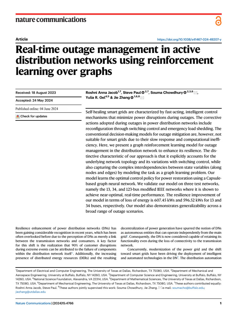 Real-Time Outage Management in Active Distribution Networks Using Reinforcement Learning Over ...