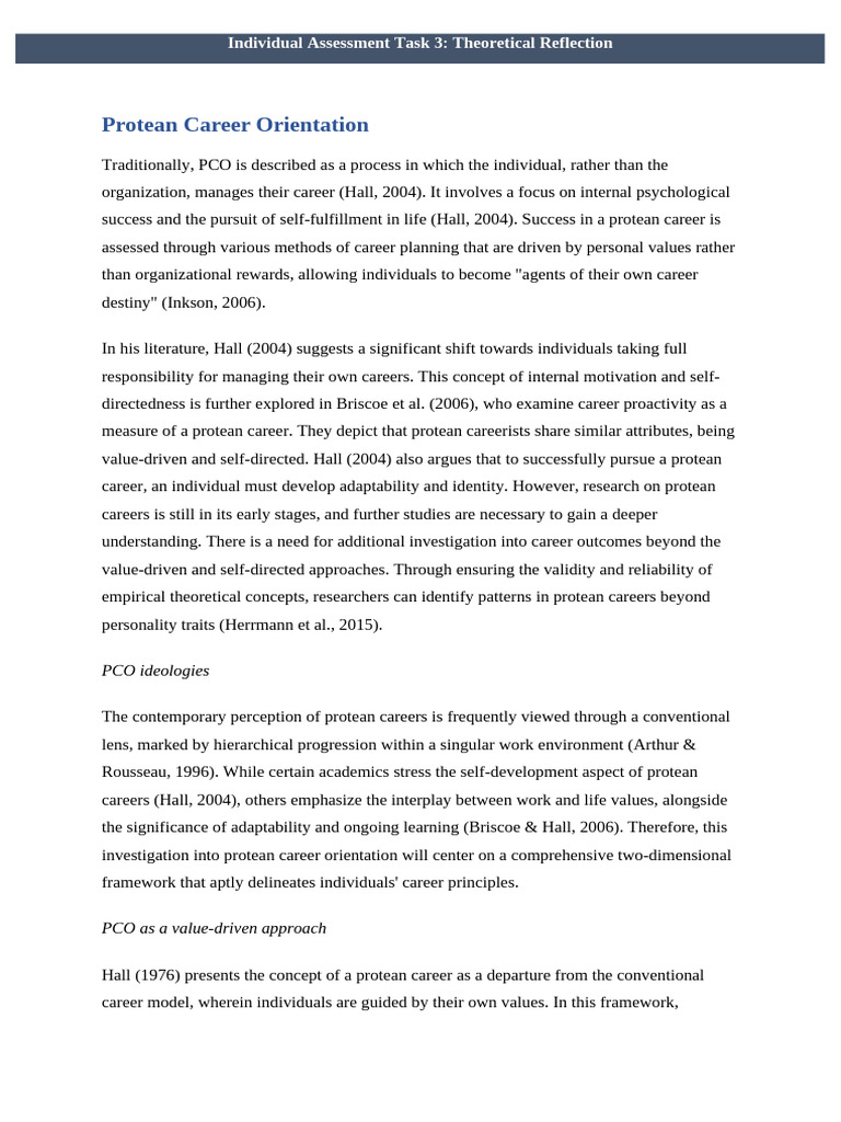 Protean Career Orientation: Individual Assessment Task 3: Theoretical ...