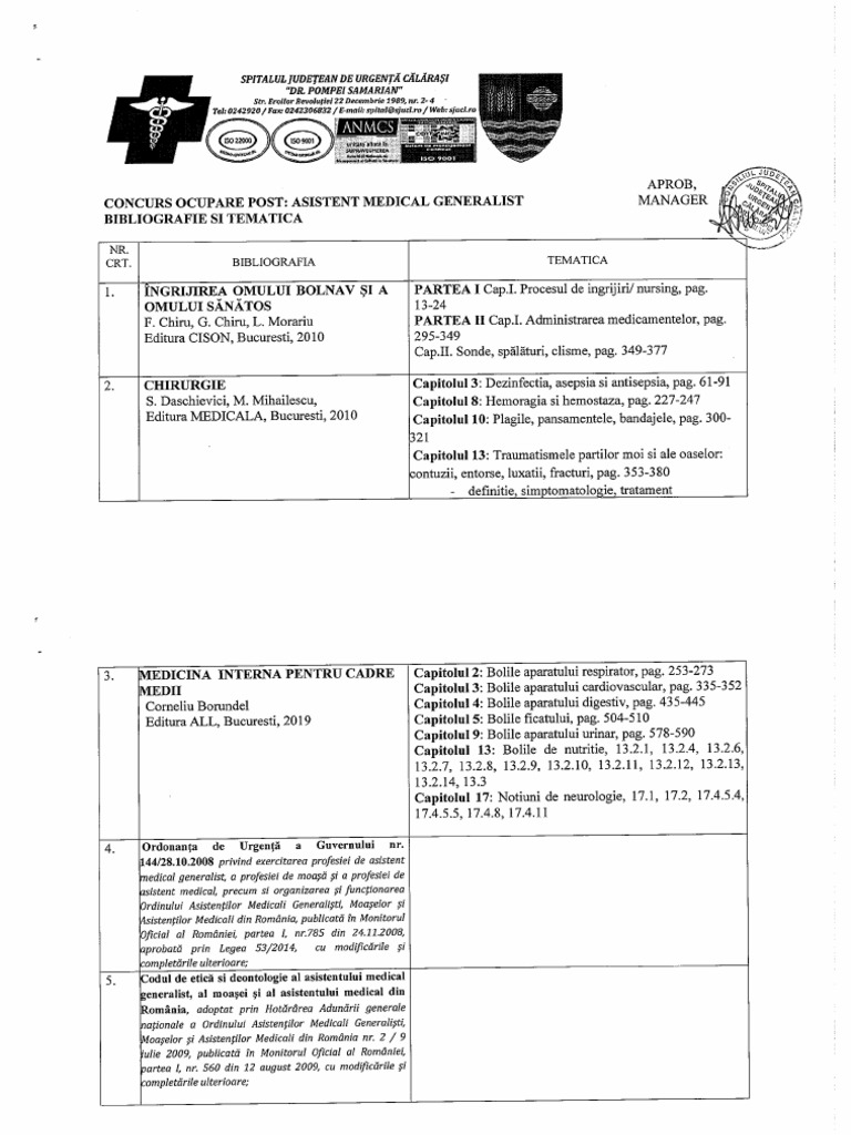Tematica - Bibliografie Asistent Medical | PDF