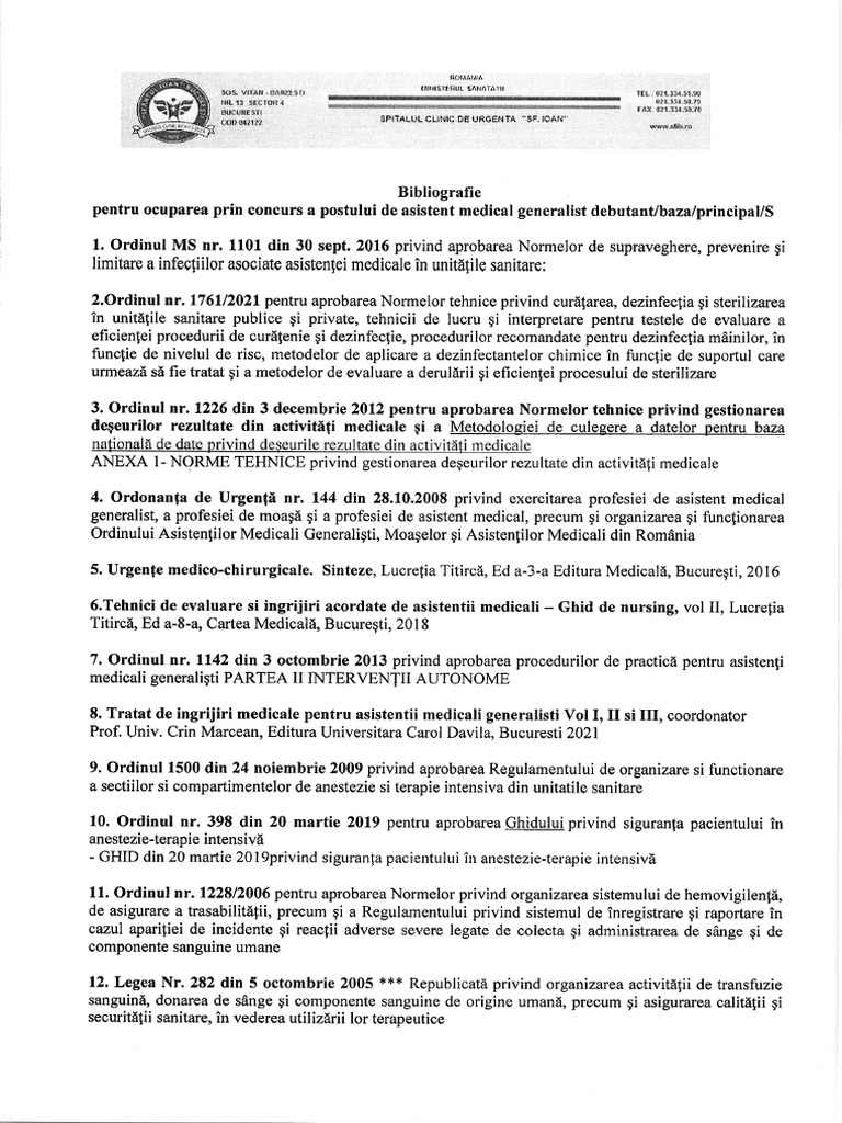 Tematica Si Bibliografie Asistenti Medicali Debutanti Principali Baza | PDF