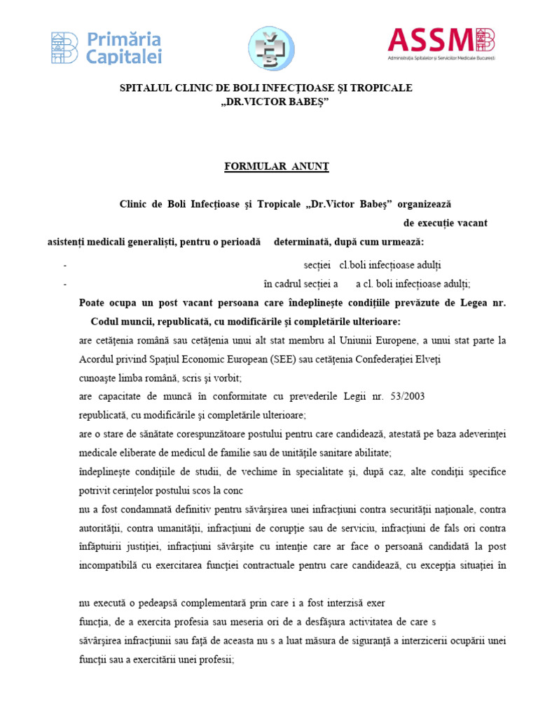 Concurs 2 Posturi de Asistenti Medicali Generalisti in Sectiile Spitalului Formular de Inscriere ...