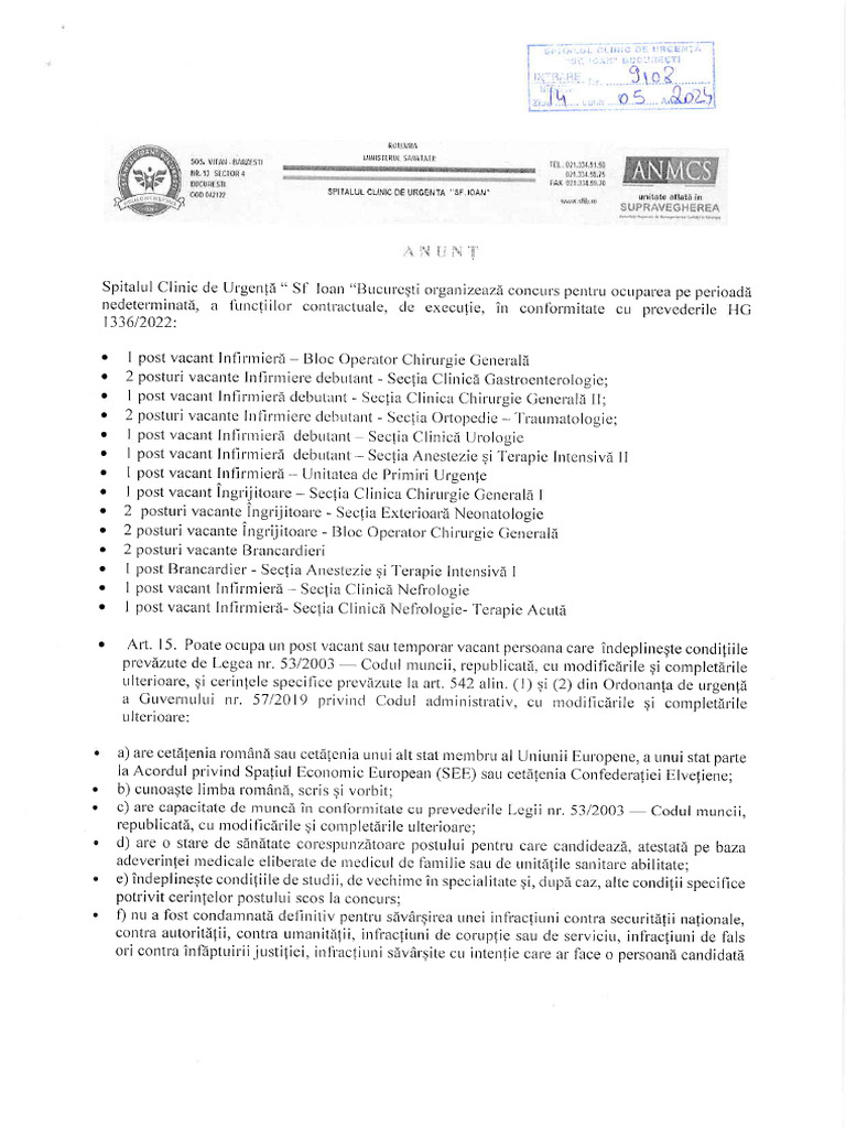 Anunt Concurs Personal Auxiliar SPITAL | PDF