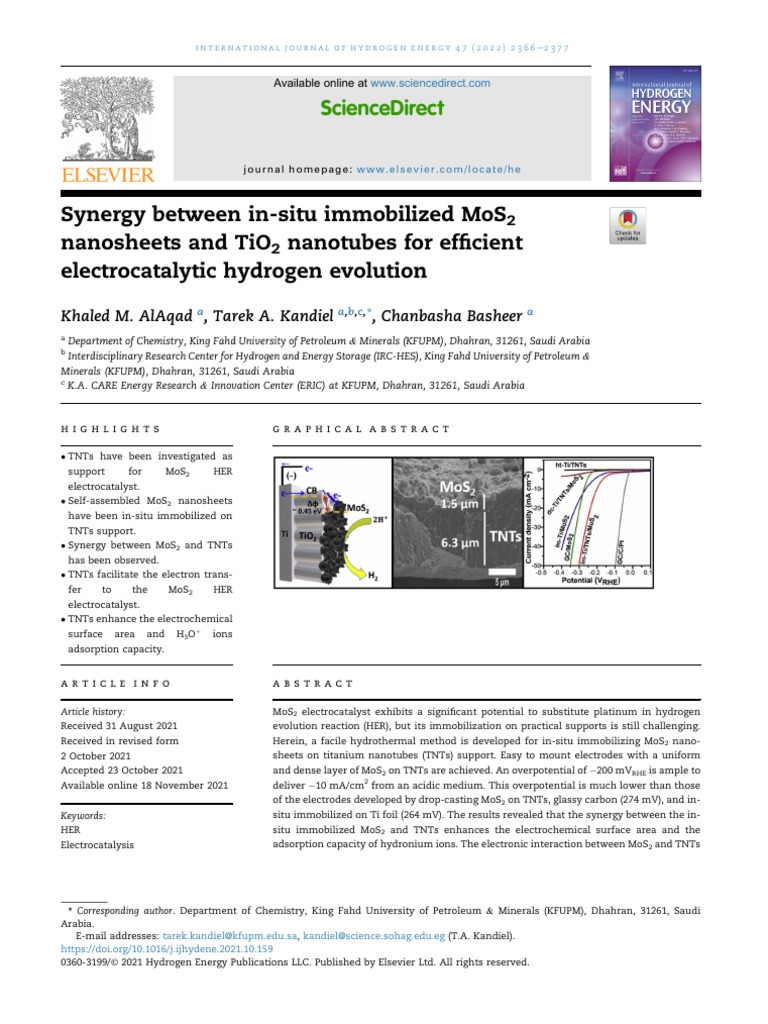 Synergy Between In-Situ Immobilized MoS2 Nanosheets and TiO2 Nanotubes For Efficient ...