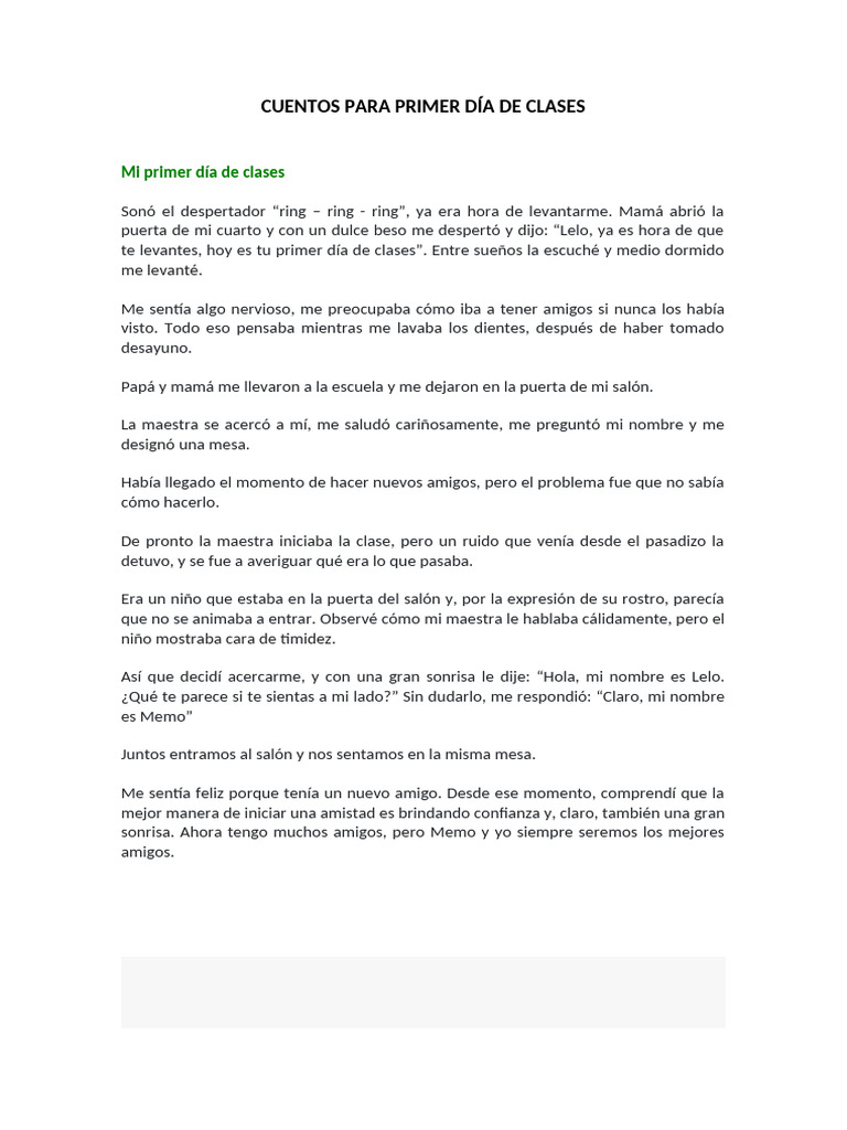 Cuentos para Primer Día de Clases | PDF | Artes del Lenguaje y ...