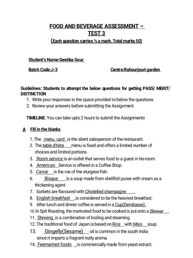 Food and Beverage Assessment Test | PDF