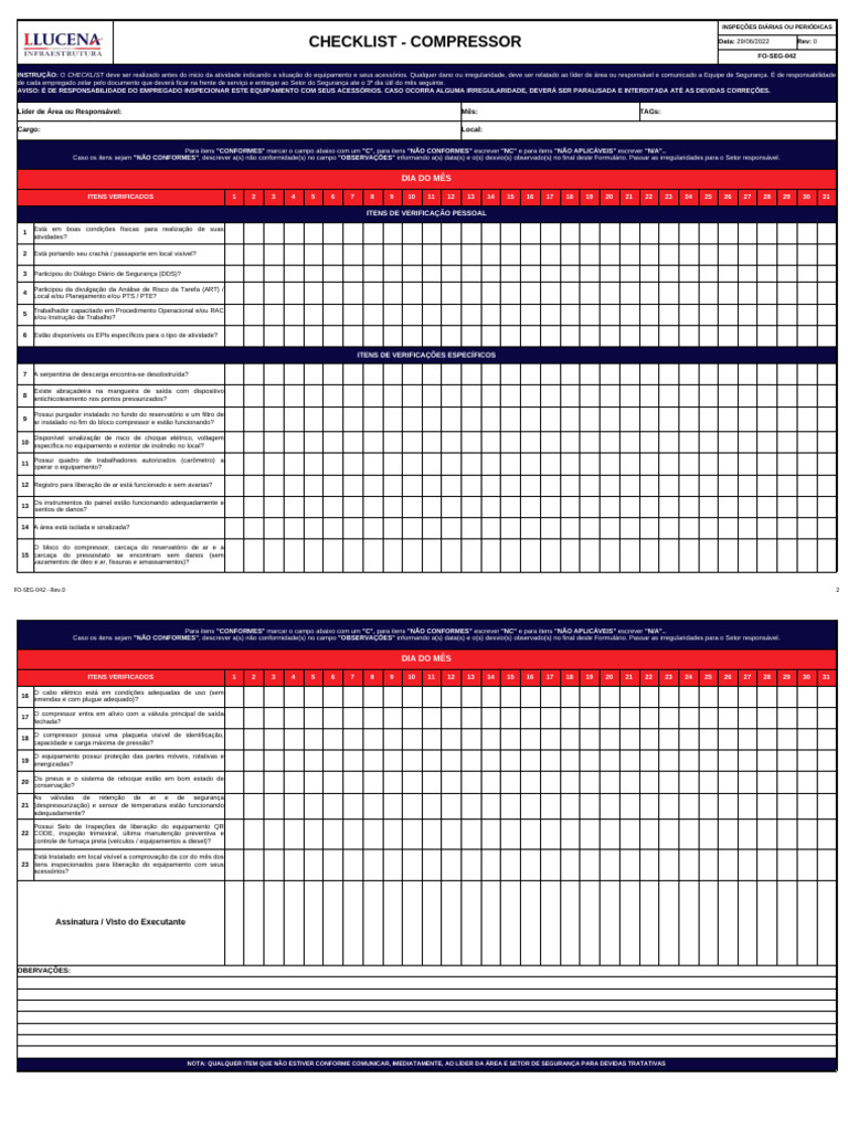 FO-SEG-042 - Checklist Compressor - Rev.0 | PDF