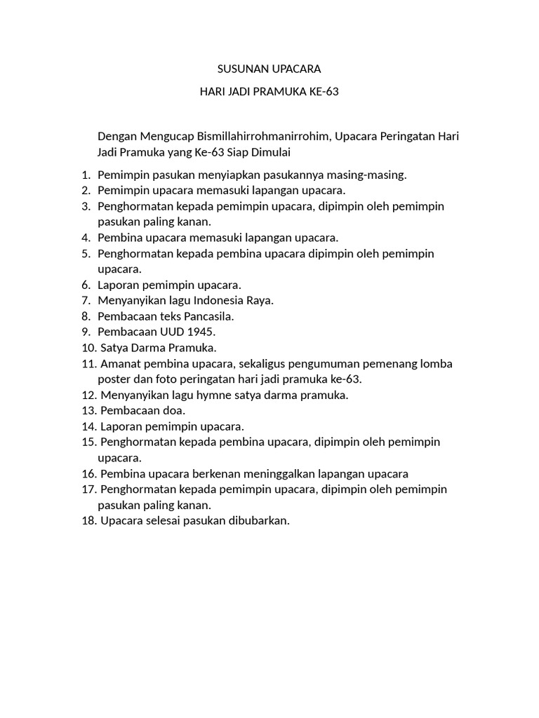 Susunan Upacara Hut Pramuka 63 | PDF