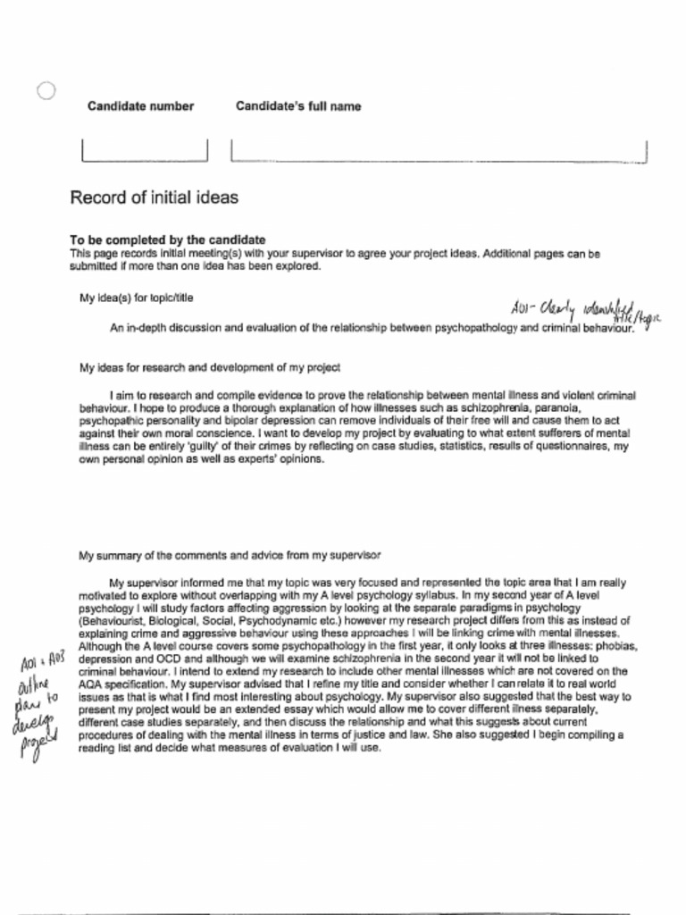 Mental Health and Criminal Behaviour - Initial Ideas Form Example | PDF