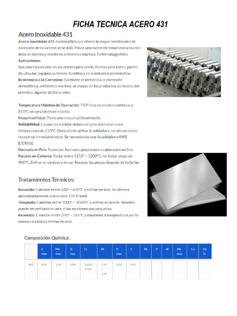 Ficha Tecnica Acero Inoxidable 431 | PDF