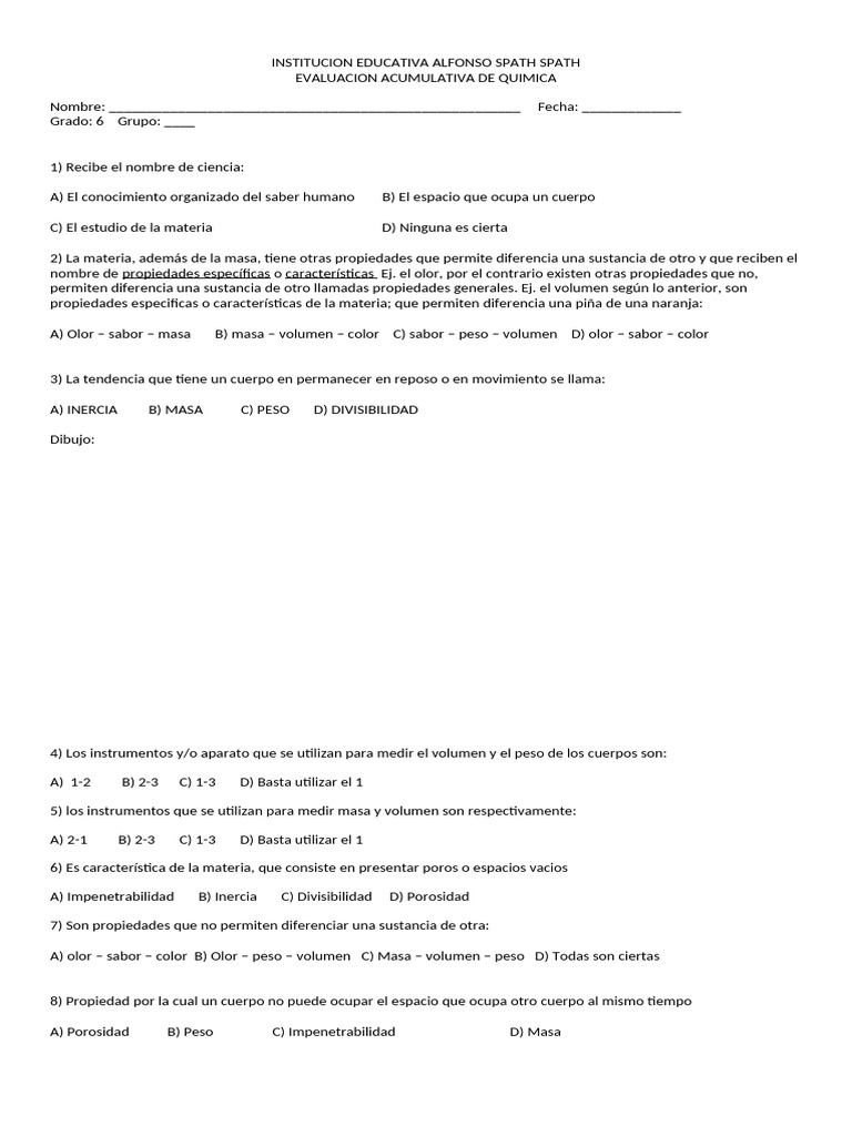 EVALUACION ACUMULATIVA DE QUIMICA 6 Pr. Periodo | PDF