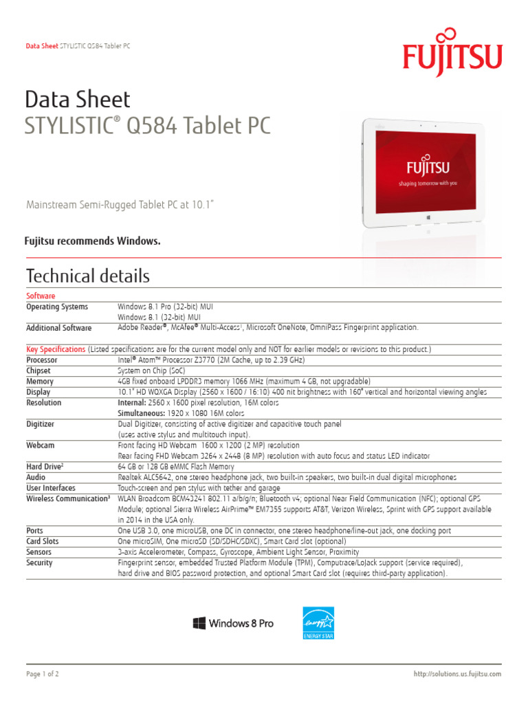 STYLISTIC Q584 Tablet PC Datasheet | PDF