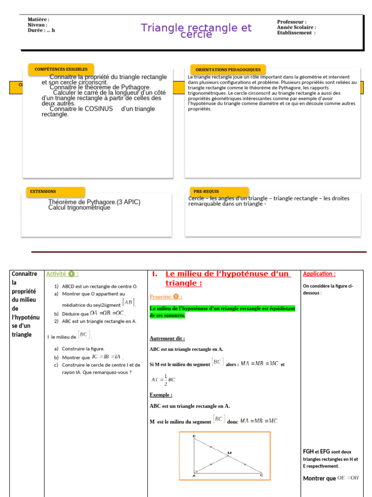 Fiche Triangle Rectangle Et Cercle | PDF