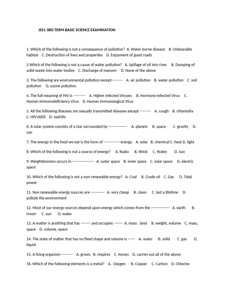 JSS1 3RD Term Basic Science Exam | PDF