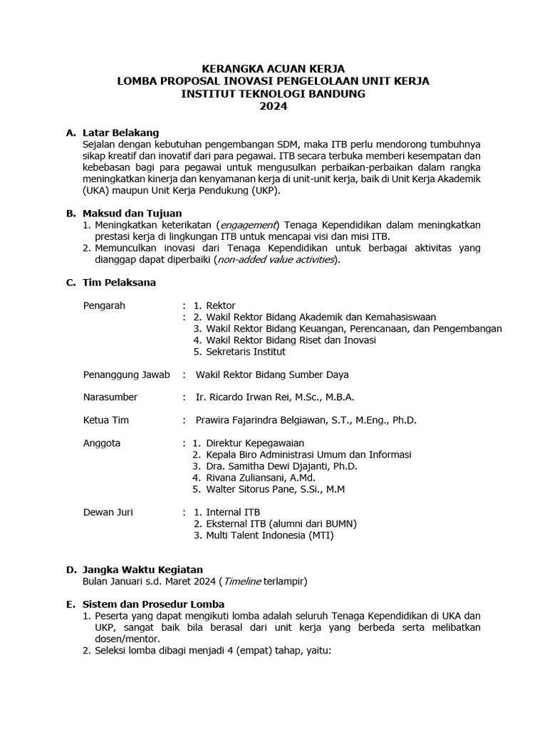 Kerangka Acuan Kerja Lomba Proposal Inovasi Pengelolaan Unit Kerja ITB | PDF
