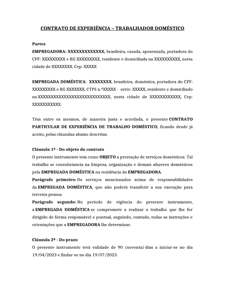 CONTRATO DE TRABALHADOR DOMESTICO - Modelo | PDF