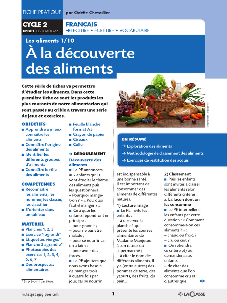 Fiche Pédagogique - A La Decouverte Des Aliments | PDF