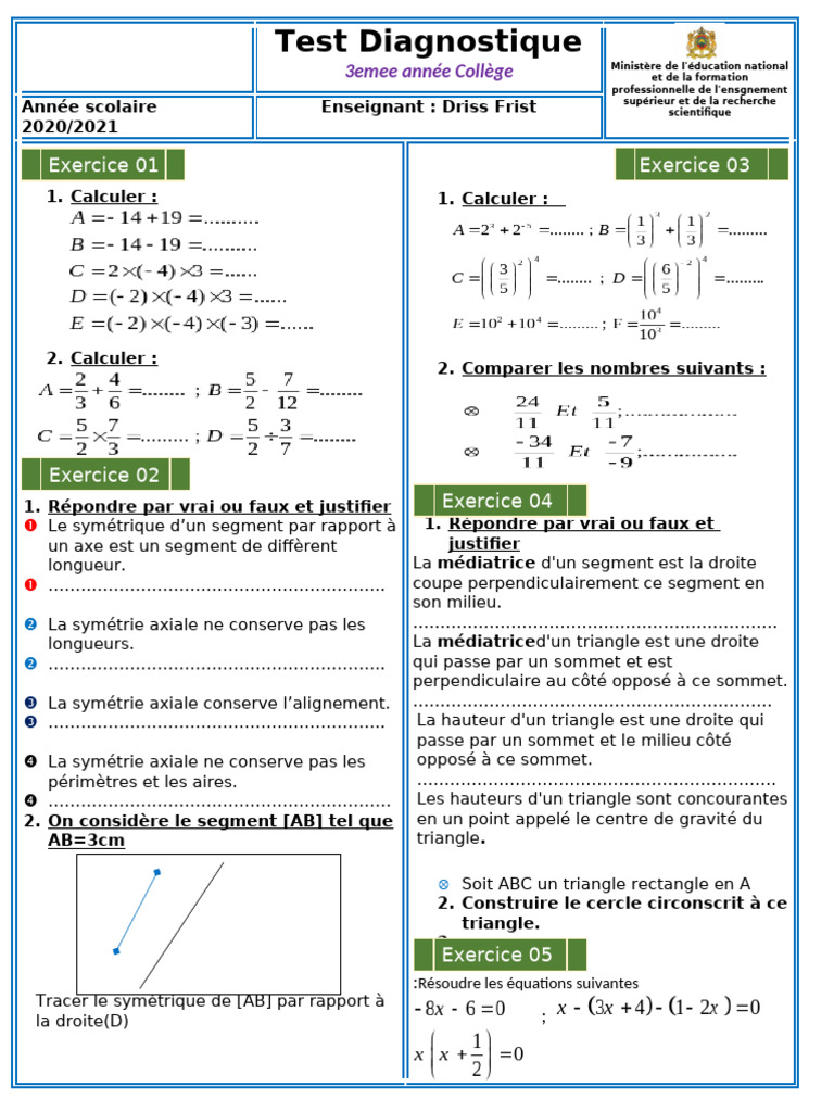 Evaluation Diagnostique Maths 3AC Modele Word 8 | PDF