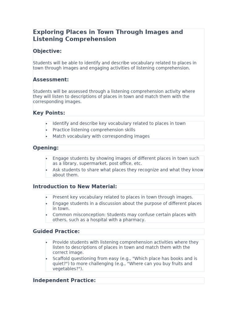 Lesson Plan Places in Town Vocabulary | PDF