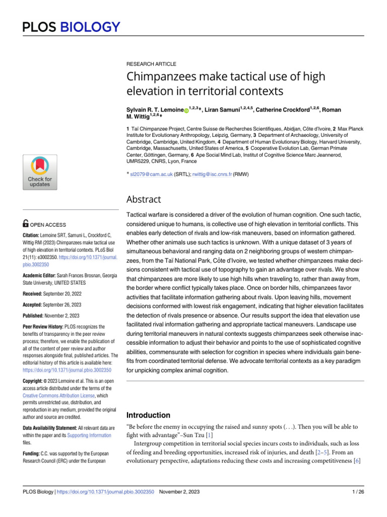 Uso de Las Alturas Por Chimpancés para Hacer La Guerra Journal - Pbio.3002350 | PDF