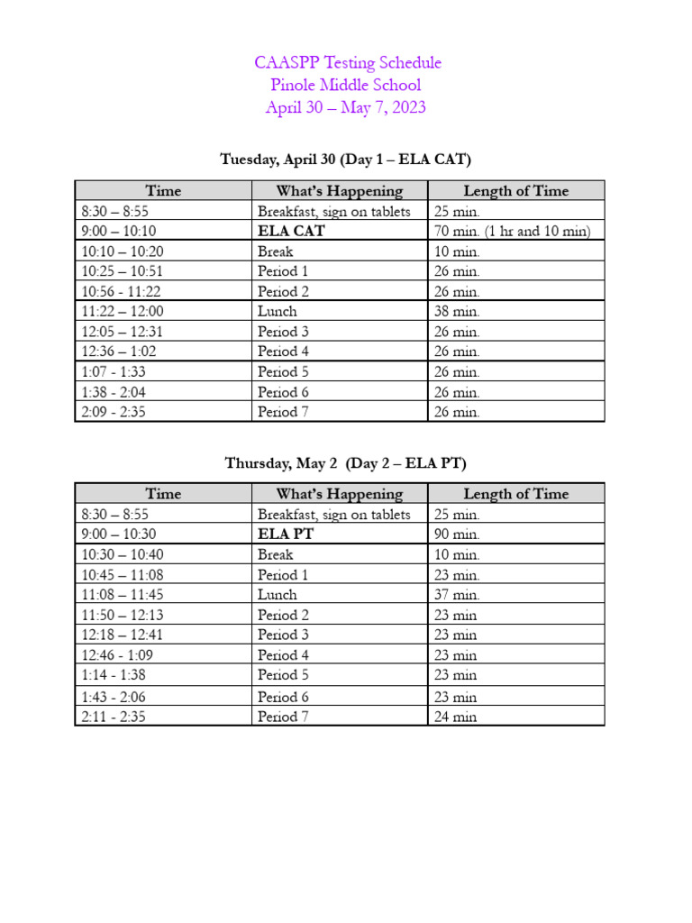 PMS CAASPP Testing Schedule 2023-2024 | PDF