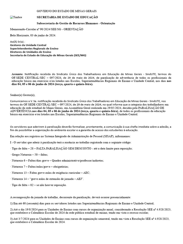 Memorando-Circular Nº 90-2024-SEE-SG - ORIENTAÇÃO | PDF