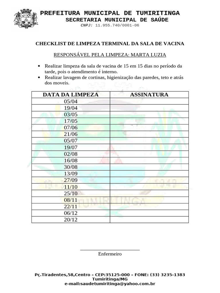 Checklist de Limpeza Terminal Da Sala de Vacina | PDF