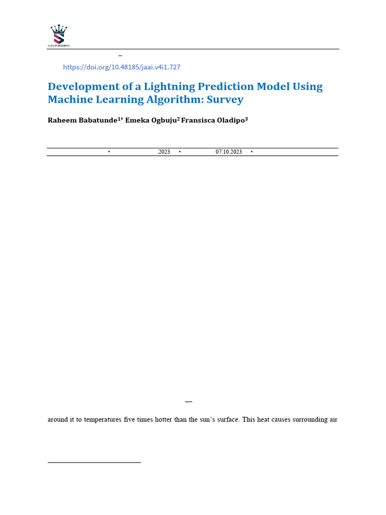 Development of A Lightning Prediction Model Using Machine Learning Algorithm: Survey | PDF