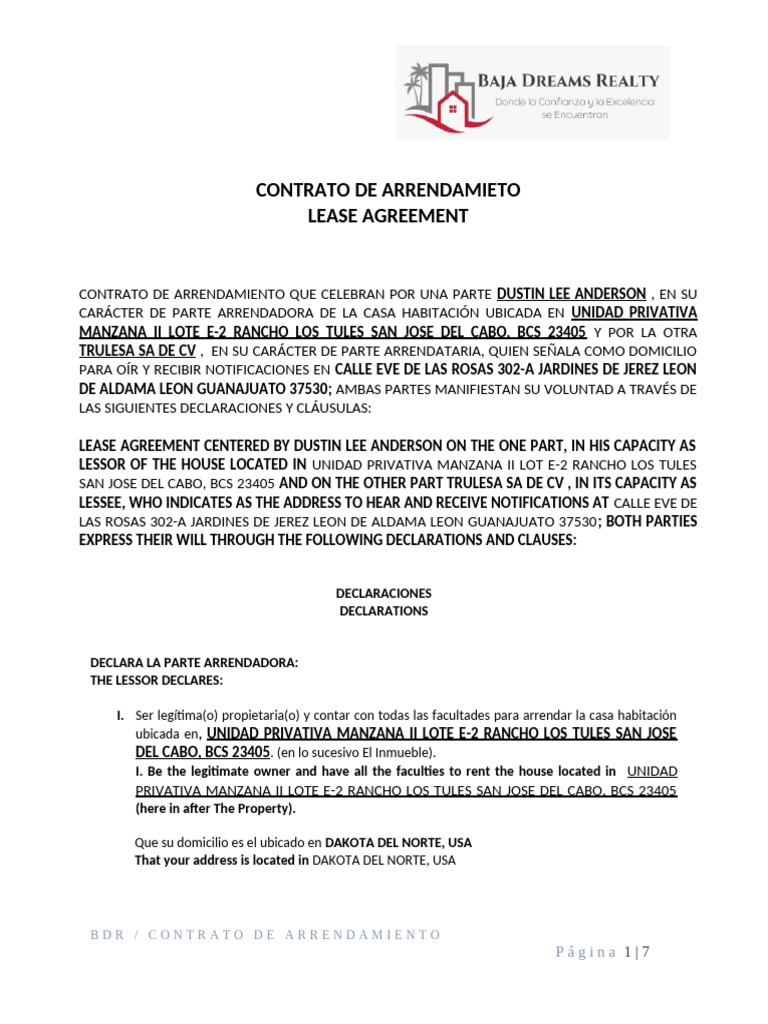 CONTRATO DE ARRENDAMIENTO Bilingue | PDF