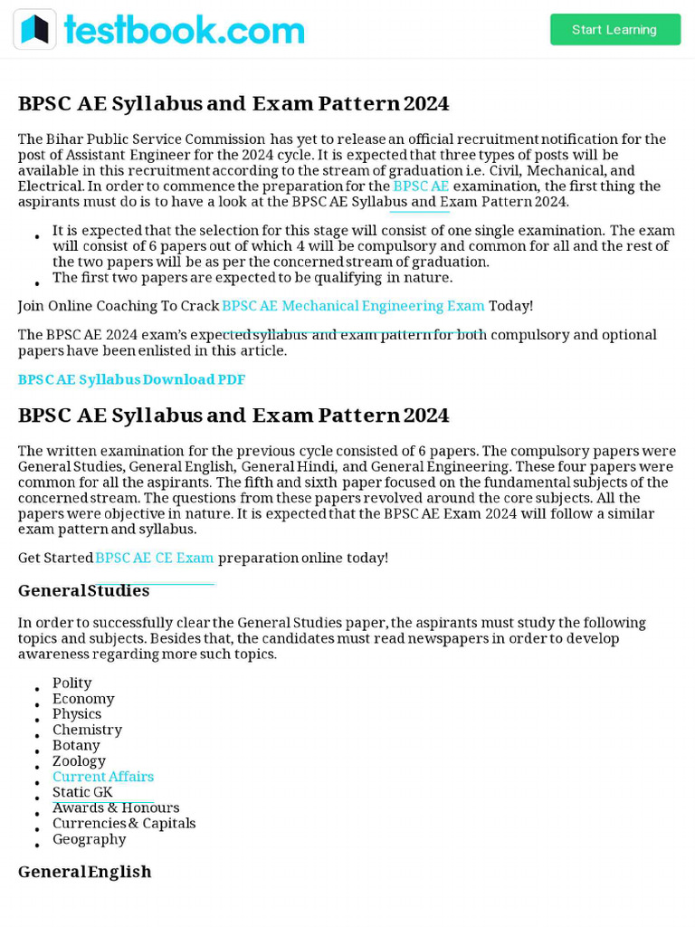 BPSC AE Syllabus and Exam Pattern 2024 | PDF