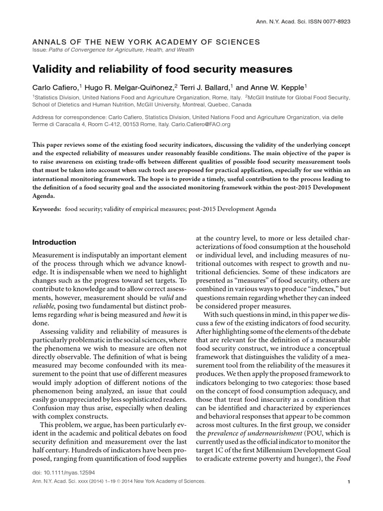 Validity and Reliability of Food Securit | PDF
