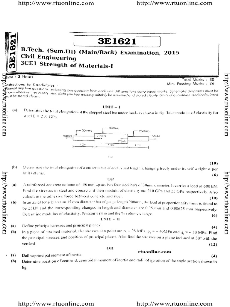 Btech Ce 3 Sem Strength of Materials 1 3e1621 2015 | PDF